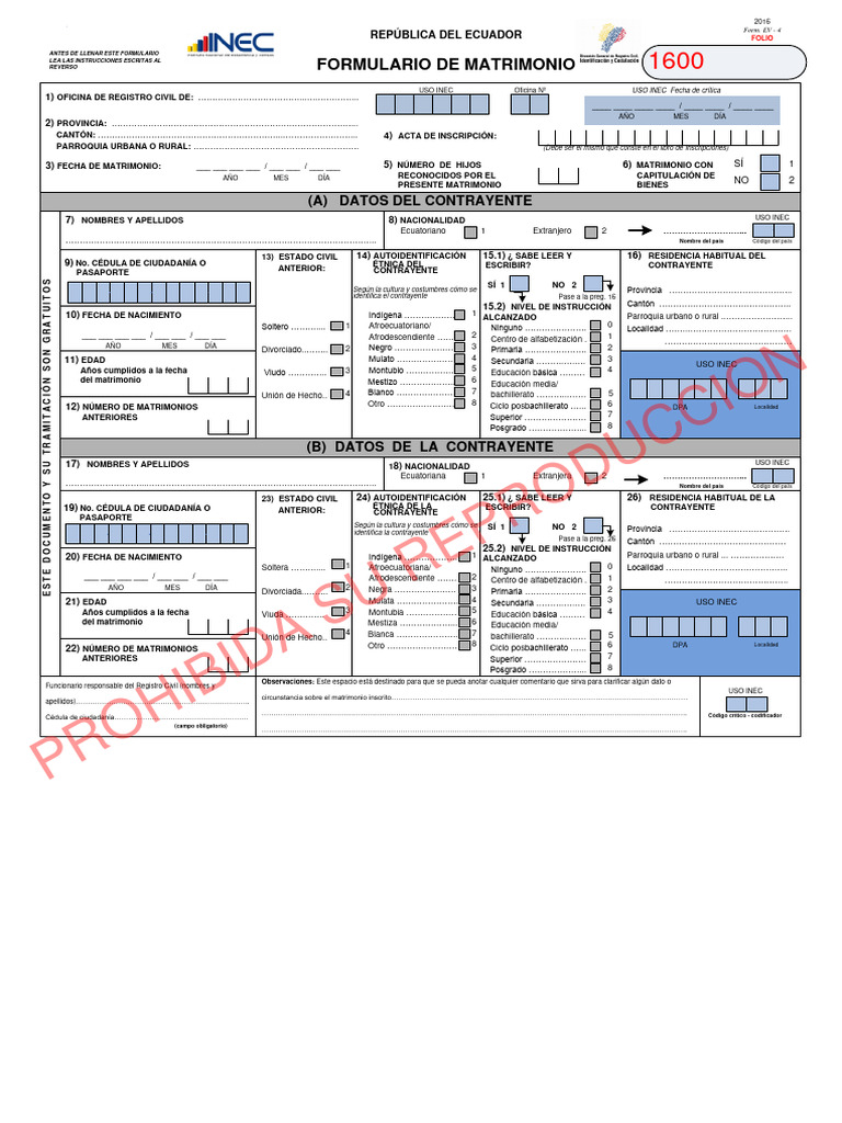 Formulario Matrimonio 2016 | PDF