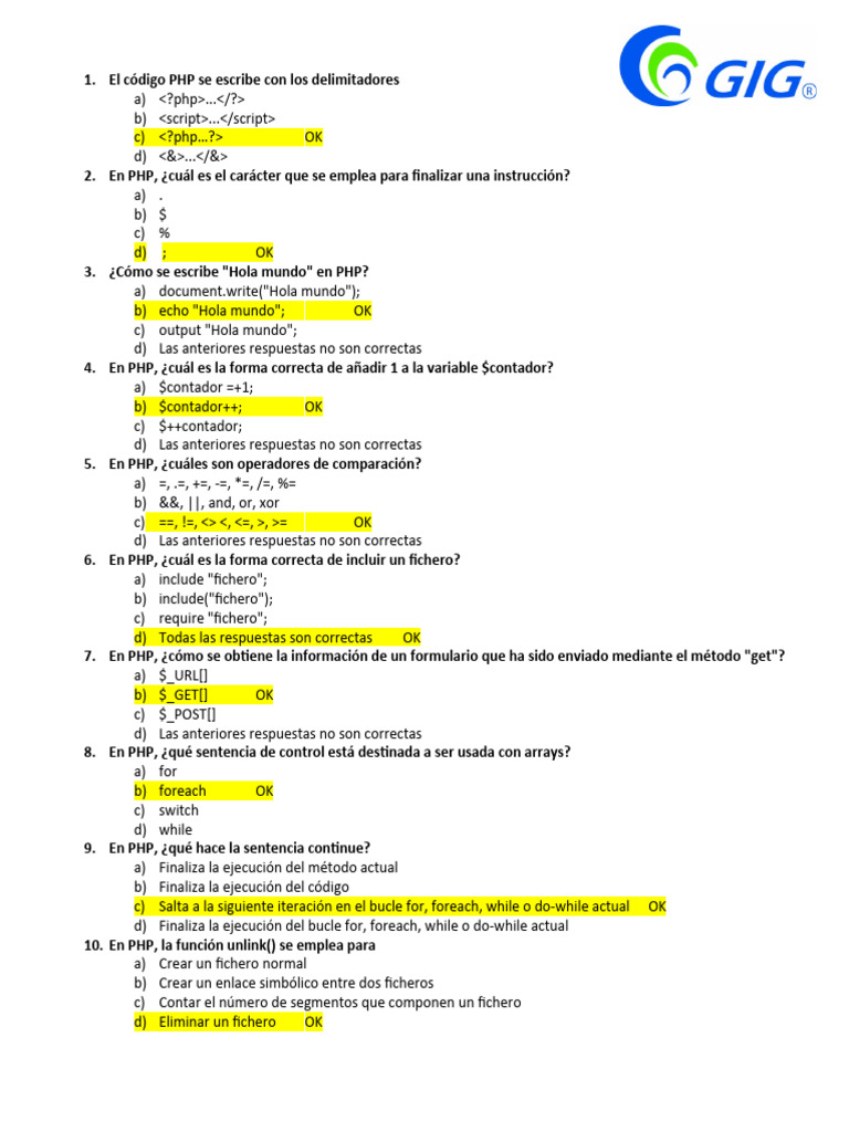 Examen PHP Repuestas | PDF | Php | Mi sql