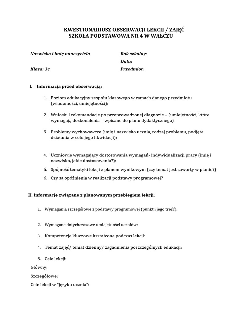 Kwestionariusz Obserwacji Lekcji | PDF