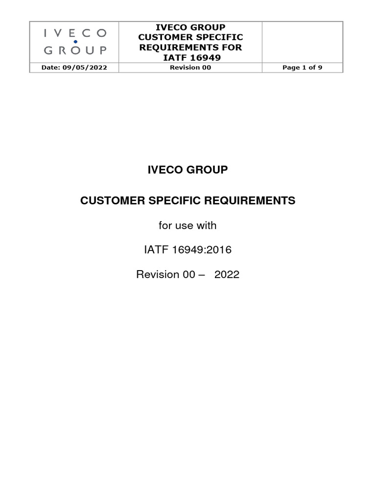IVECO Customer Requirements for IATF 16949 | PDF