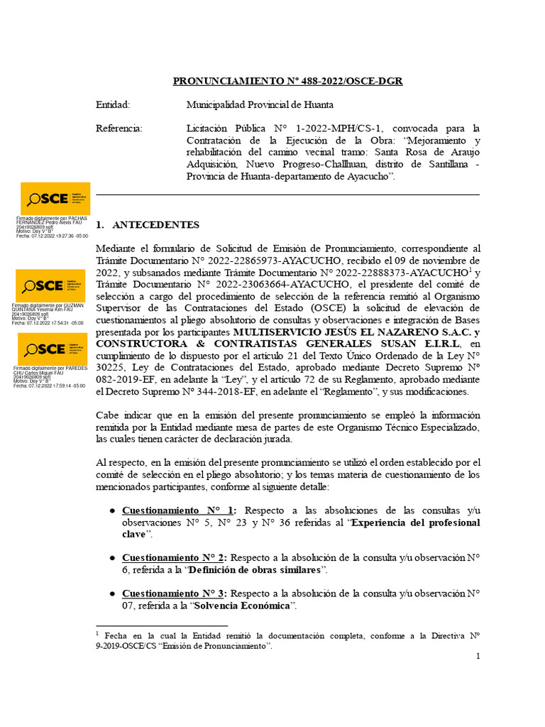 Pronunciamiento #488-2022 - OSCE-DGR PDF | PDF | Seguro | Regulación