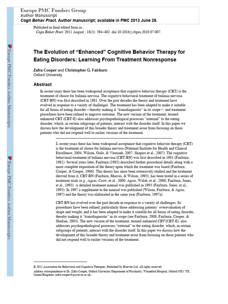 The - Evolution - of - Enhanced - Cognitive - Behavior - Therapy - For - ED - 2011 | PDF | Binge ...