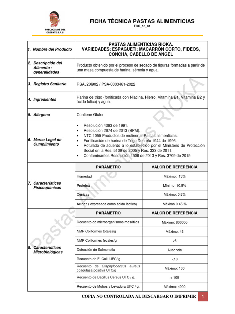 Ficha Técnica Pastas v1 | PDF | Trigo | Pasta