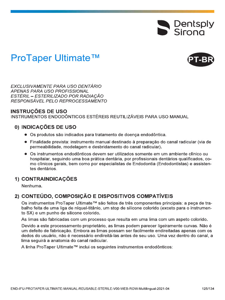 Instruções de Uso ProTaper Ultimate de Uso Manual Da Dentsply Sirona | PDF