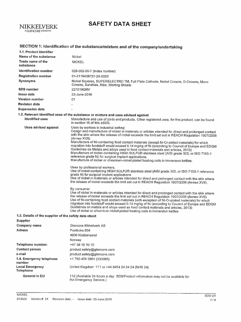 GLENCORE NIKKELVERK NORWAY NICKEL MSDS | PDF | Dangerous Goods | Nickel