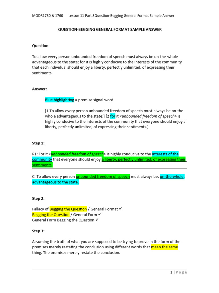 Lesson 11 Part 8 Sample Answer Begging The Question in General Fallacy ...