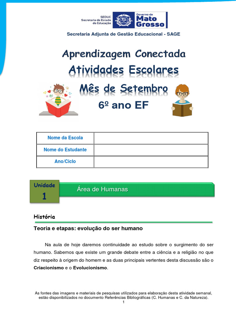 Atividade Escolar Setembro CHS CNT 6º Ano EF | PDF