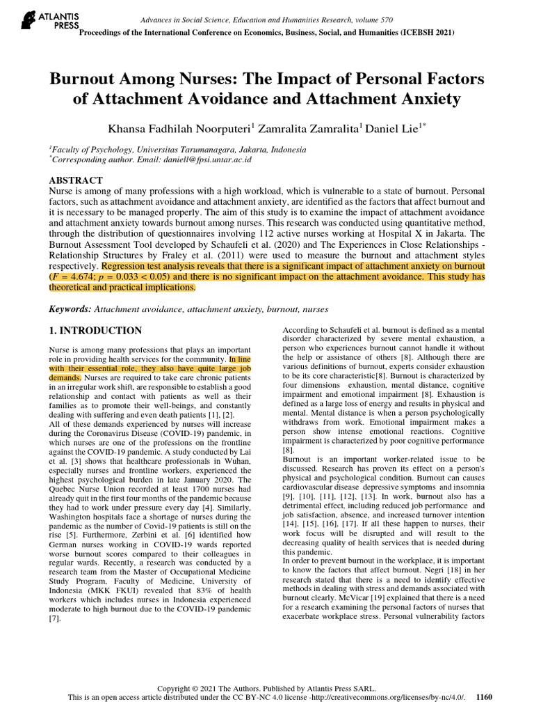Burnout Among Nurses: The Impact of Personal Factors of Attachment Avoidance and Attachment ...