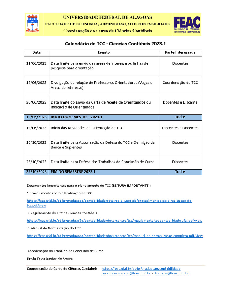 Calendário TCC Ciências Contábeis 2023.1 | PDF