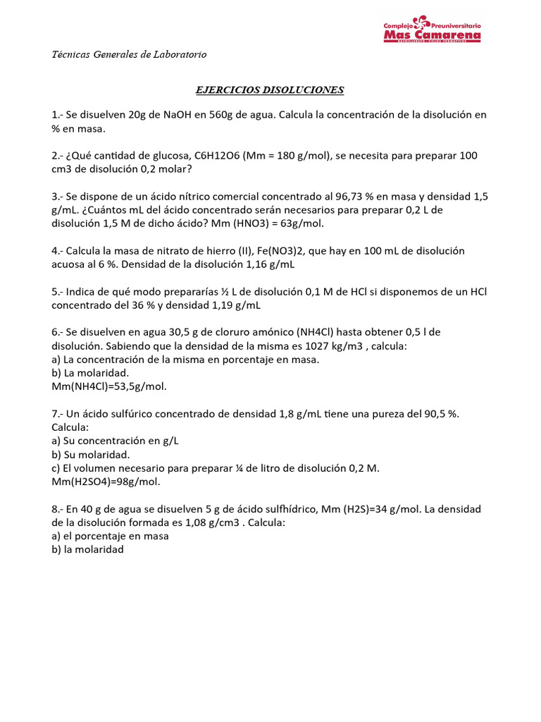 Ejercicios de Concentración de Soluciones | PDF