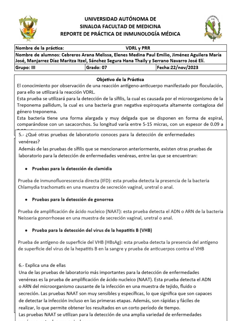 Práctica 8. VDRL y PRR | PDF | Hepatitis B | Medicina CLINICA