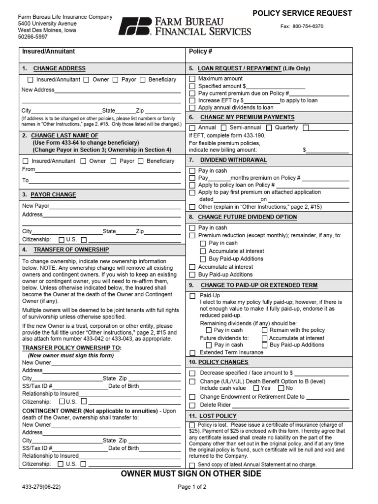 PSR 433-279 (06-22) Policy Service Request | PDF | Insurance | Internal ...