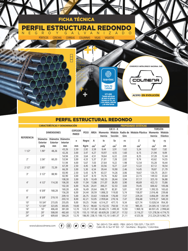 Perfil Estructural Redondo Ficha Tecnica Tubos Colmena | PDF | Acero ...