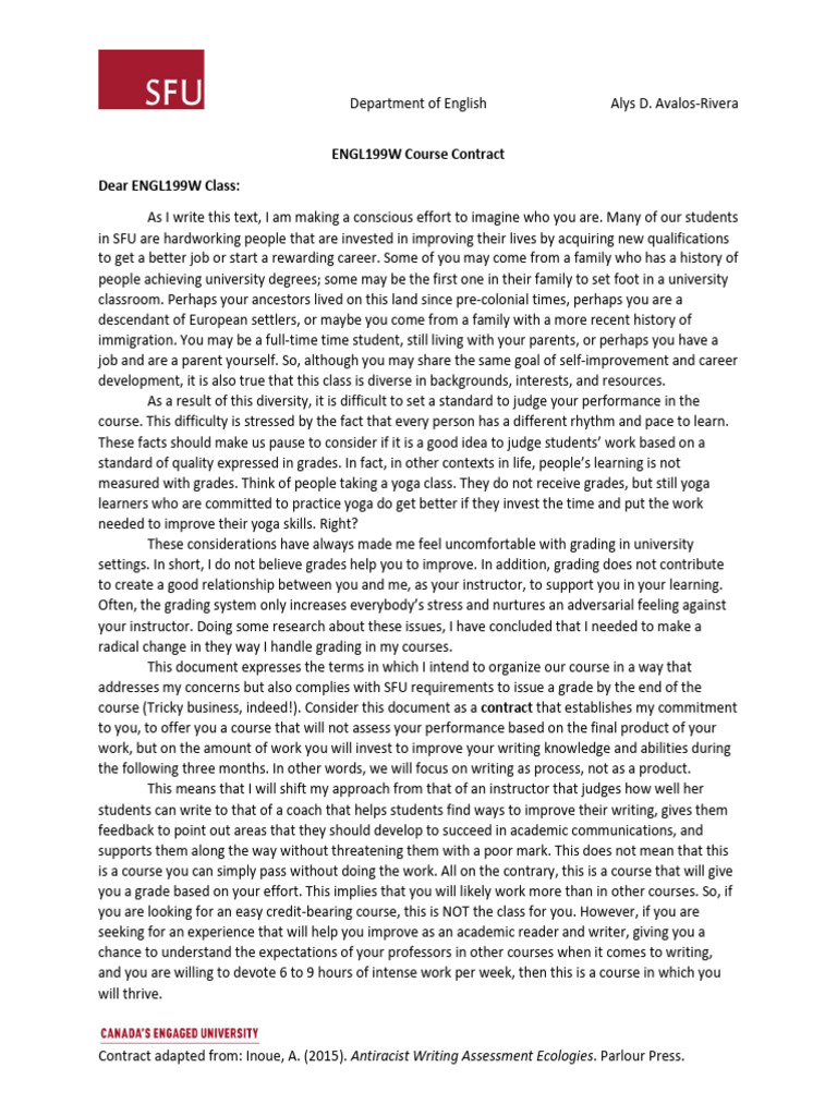Grading Contract - ENGL199OL | PDF