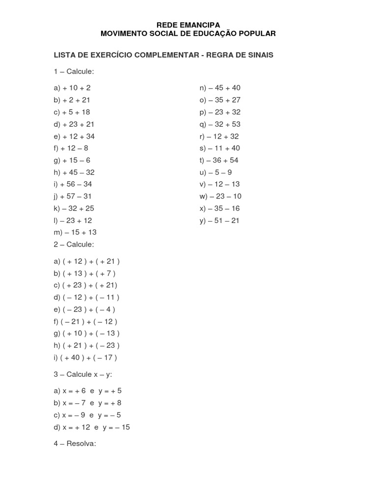Lista 0,1 Complementar - Regra de Sinais | PDF