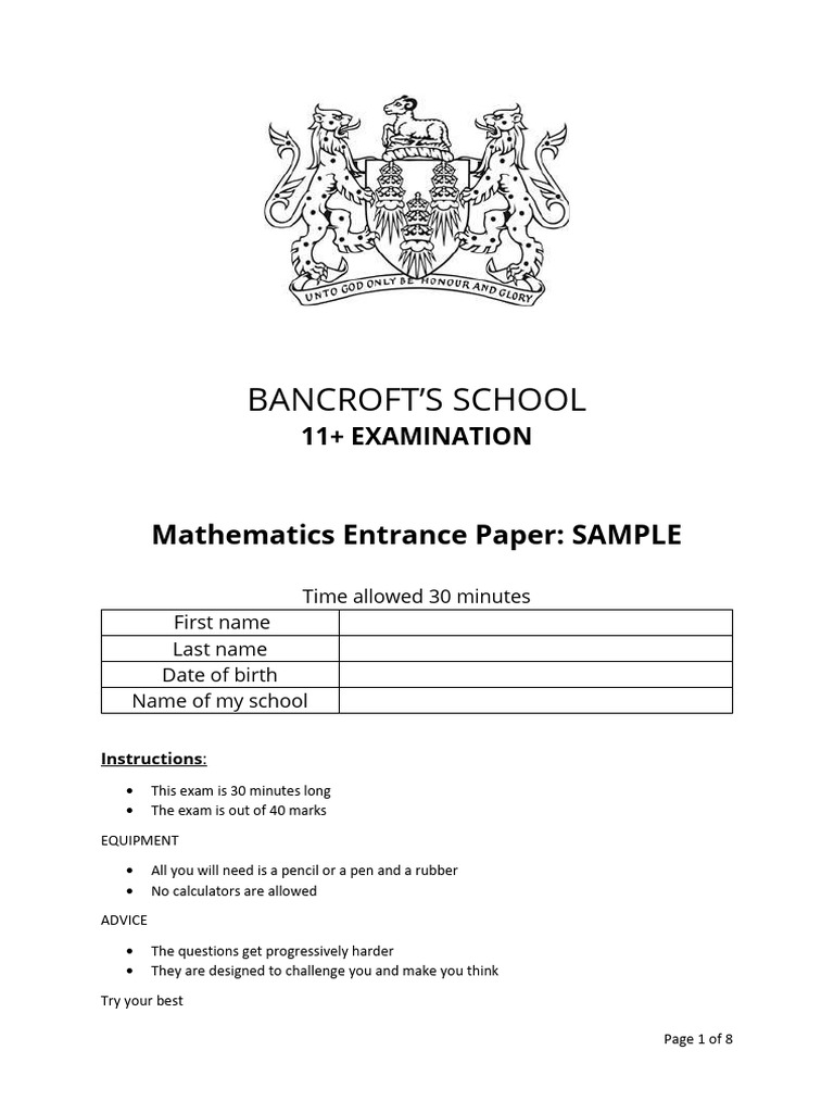 Bancrofts School 11 Plus Maths Sample Paper 2022 | PDF | Arithmetic ...