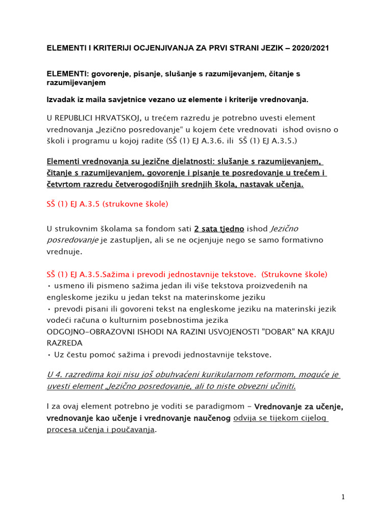 Kriteriji Ocjenjivanja | PDF