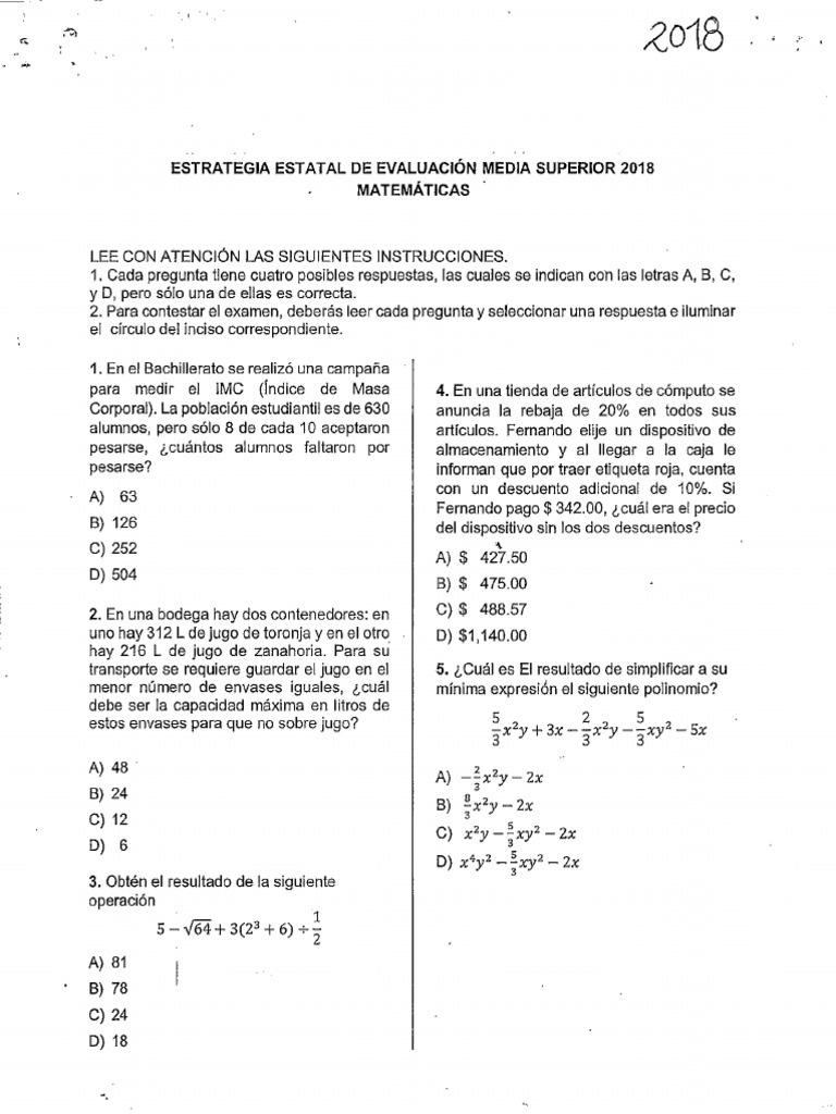 Planea Matemáticas 2018 Pdf