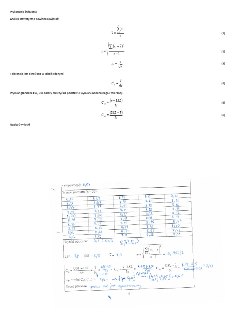 CW - 7 BadanieWspółczynnikaZdolnościProcesu Wykonanie Ćwiczenia | PDF