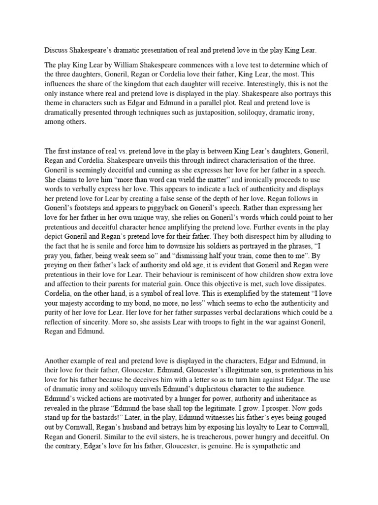 King Lear William Shakespeare Presentation of Love Essay | PDF | King Lear