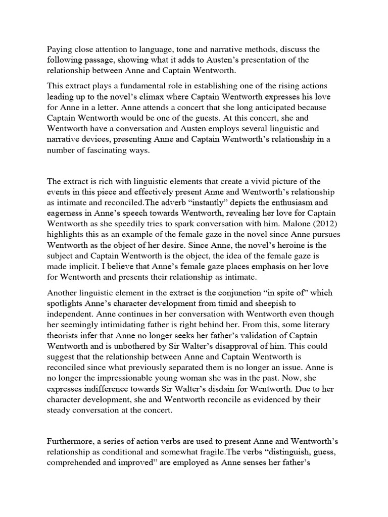 Persuasion by Jane Austen Essay On Anne and Capt. Wentworth | PDF ...