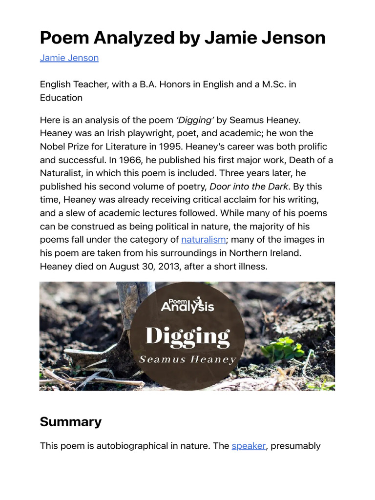 Digging by Seamus Heaney - Poem Analysis | PDF