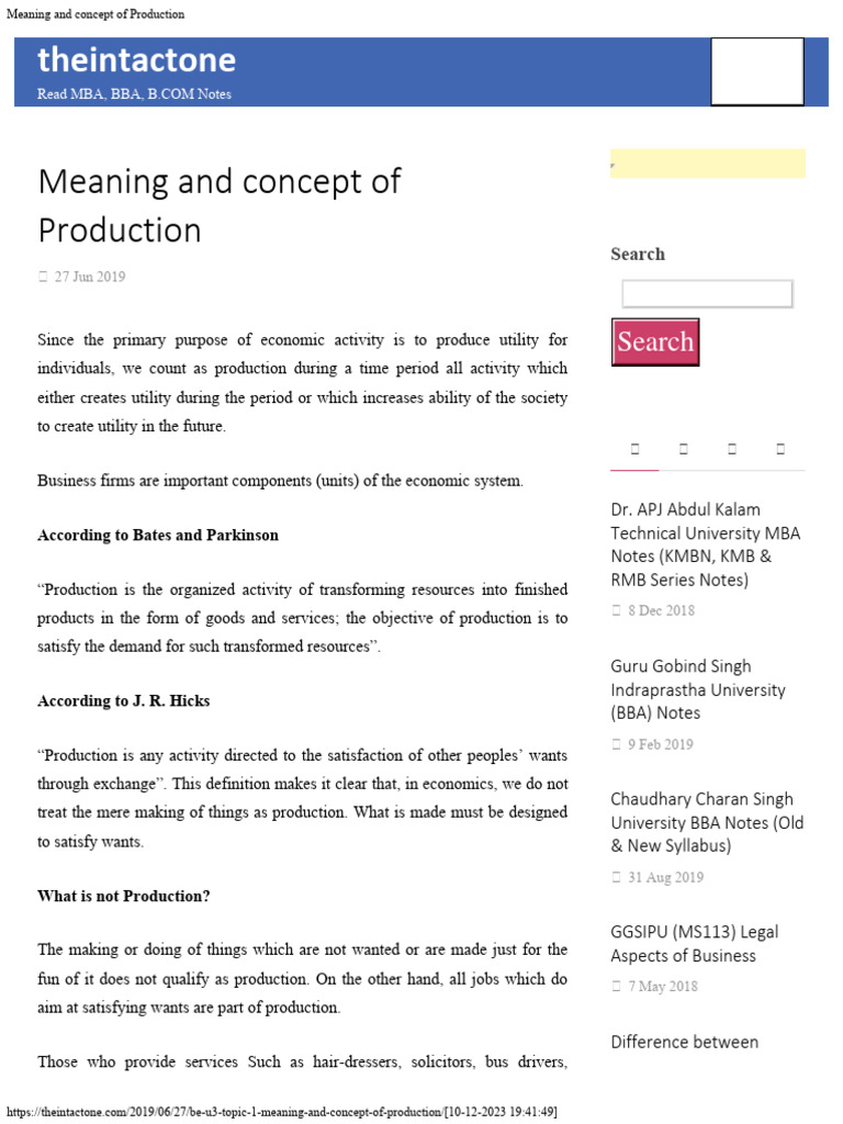 Meaning and Concept of Production | PDF | Mining | Economics