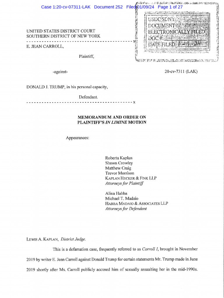 Judge Kaplan Bars Trump From Criticizing Carroll in Upcoming Defamation ...