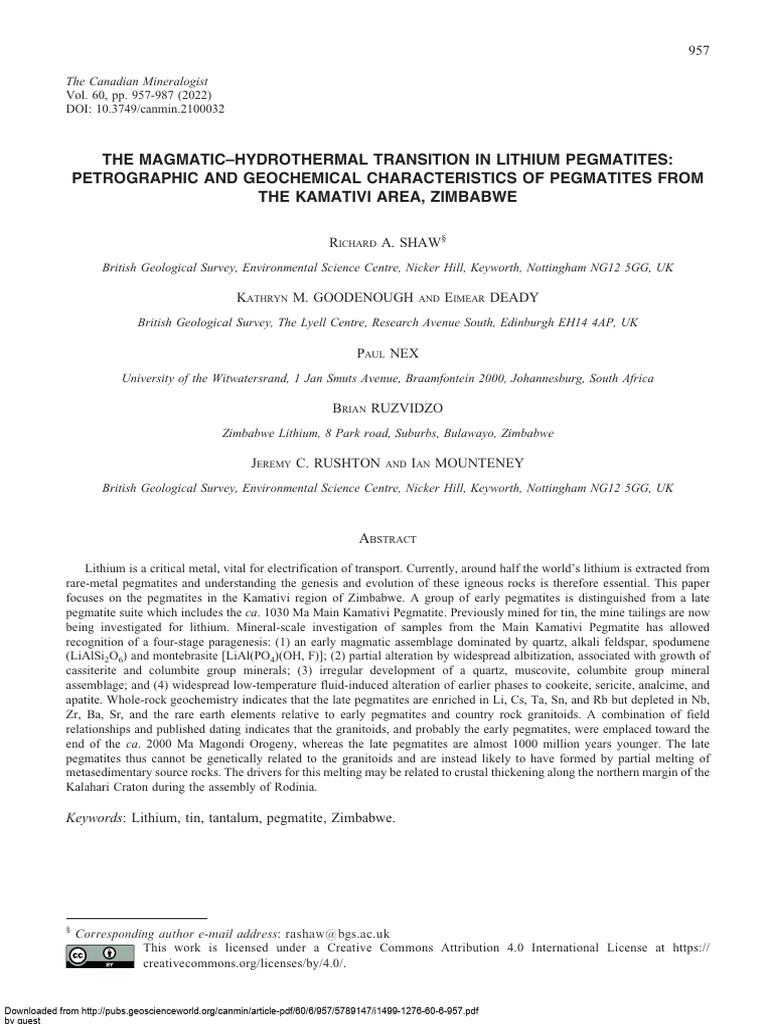 THE MAGMATIC HYDROTHERMAL TRANSITION IN LITHIUM PEGMATITES Canada 2022 ...