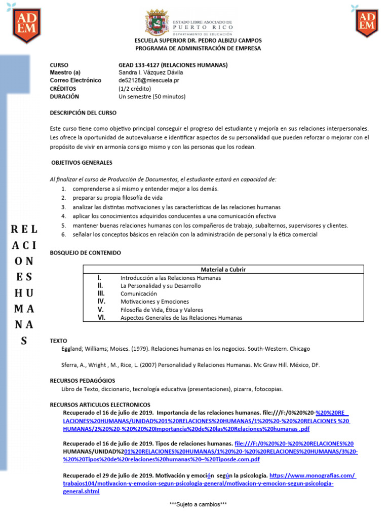 Prontuario Curso Relaciones Humana 2020 | PDF | Evaluación