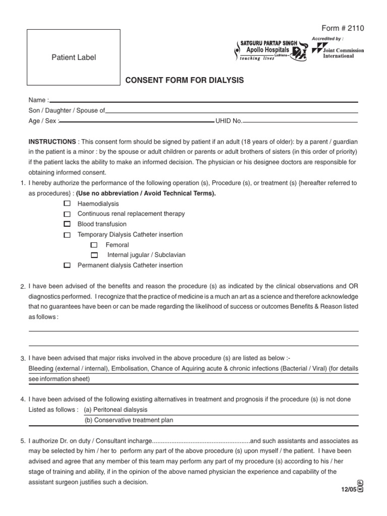 2110 Consent Form For Dialysis | PDF