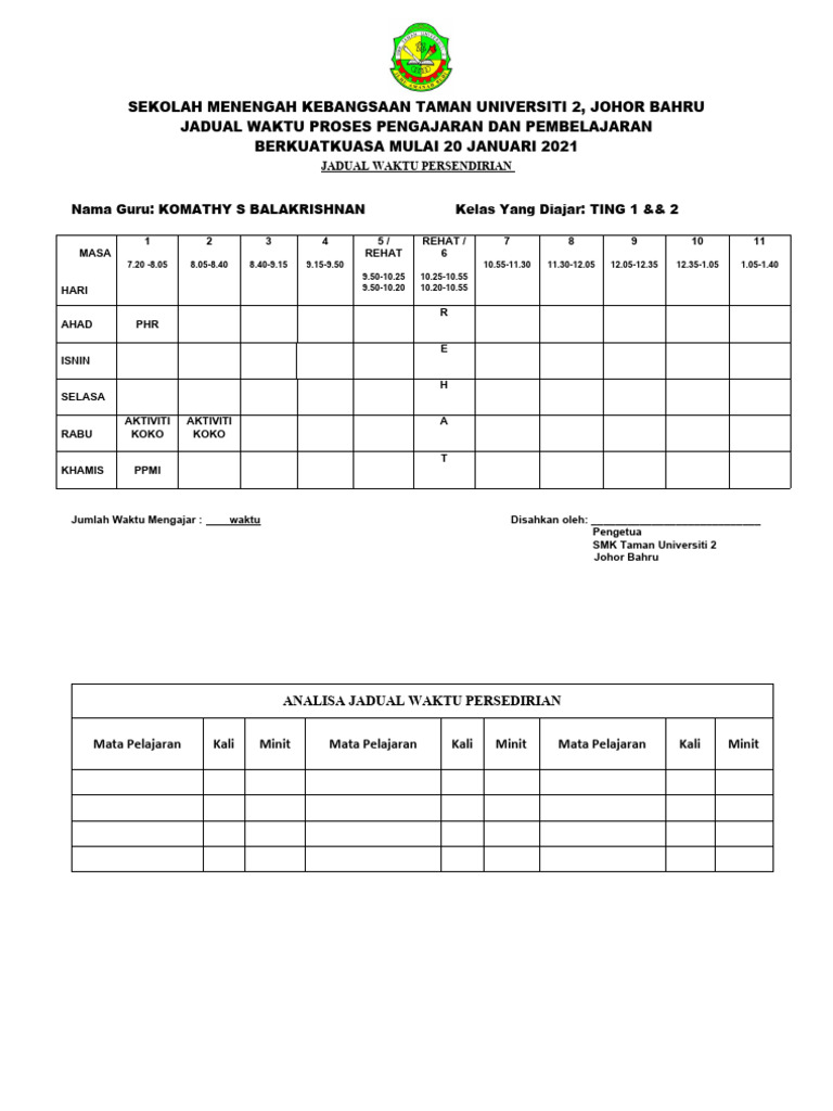 FORMAT JAD - WAKTU GURU (PG & PTG) | PDF