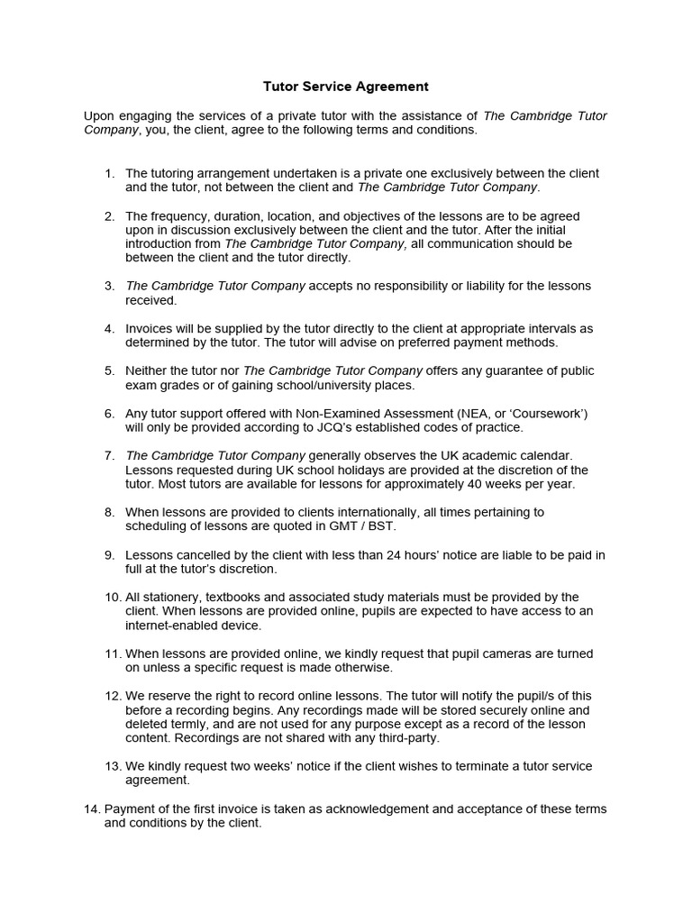 Tutor Service Agreement | PDF | University Of Cambridge | Legal Liability