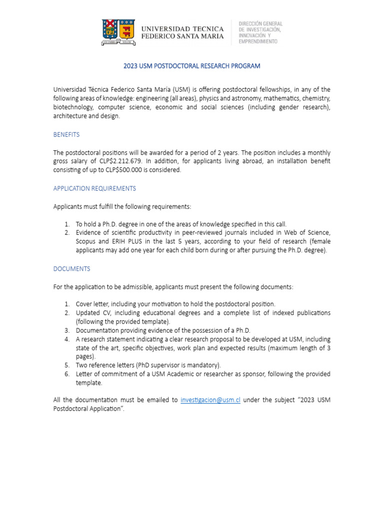 2023 Call For Postdoctoral Positions USM | PDF