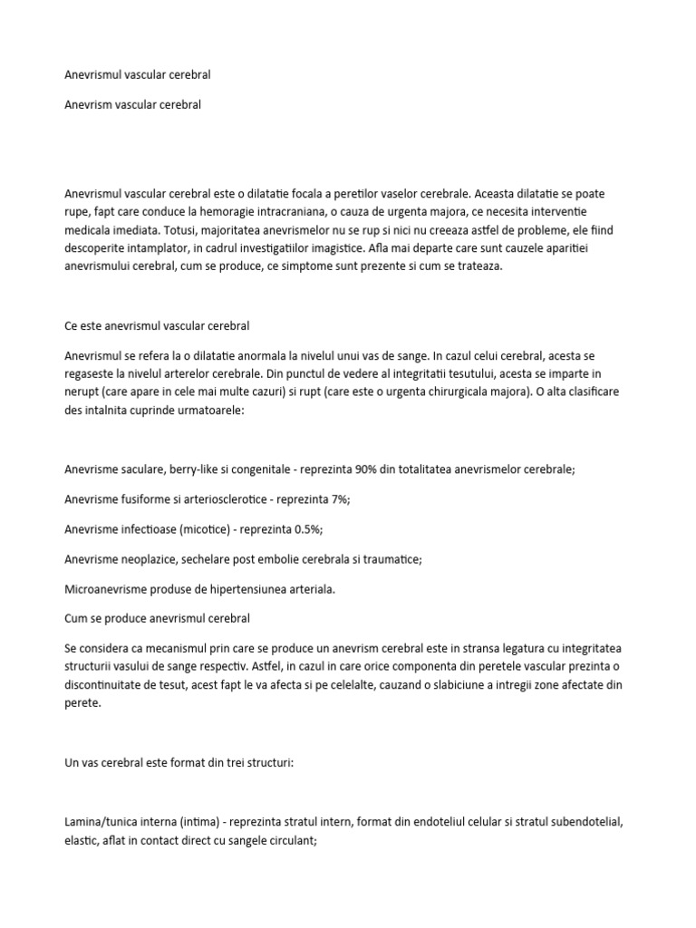 Anevrismul Vascular Cerebral | PDF