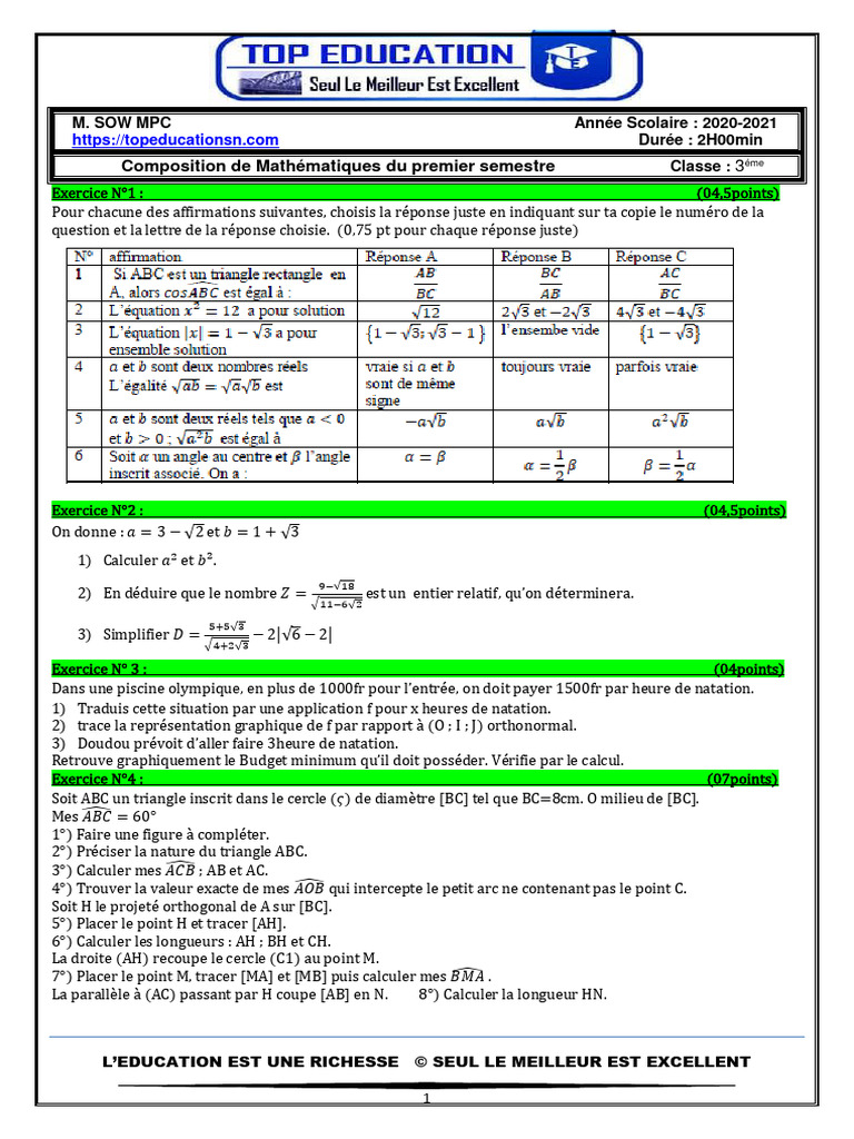 Composition Maths Semestre 1 3eme 2020 2021 | PDF