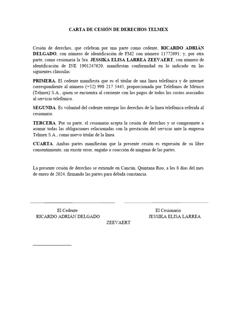 Cesion de Derechos Telmex B801 | PDF