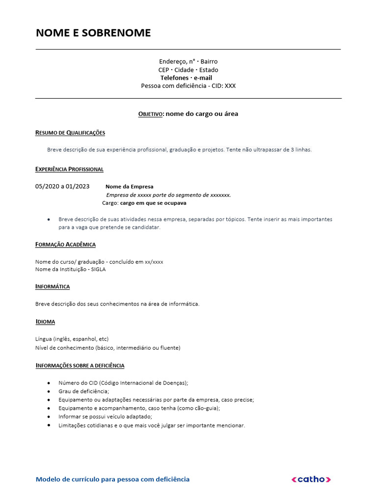 Modelo Curriculo PCD Pessoa Com Deficiencia Catho | PDF