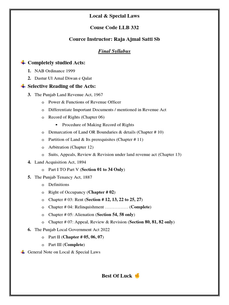Local & Special Laws Syllabus | PDF