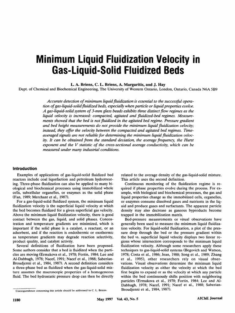 Minimum Liquid Fluidization Velocity in Gas-Liquid-Solid Fluidized Beds Briens Et Al 1997 | PDF