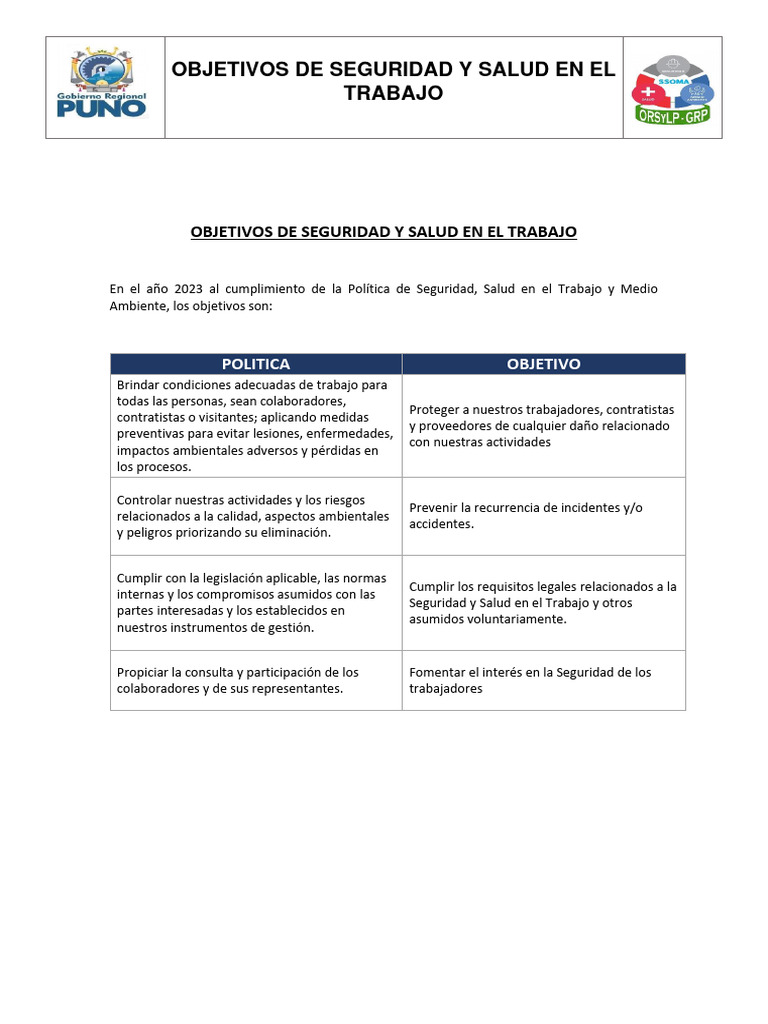 Objetivos de Seguridad y Salud en El Trabajo | PDF Objetivos de Seguridad y Salud en El Trabajo | PDF
