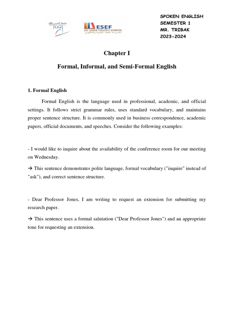 S1 Spoken English Chapter I Formal & Informal English NOTES | PDF