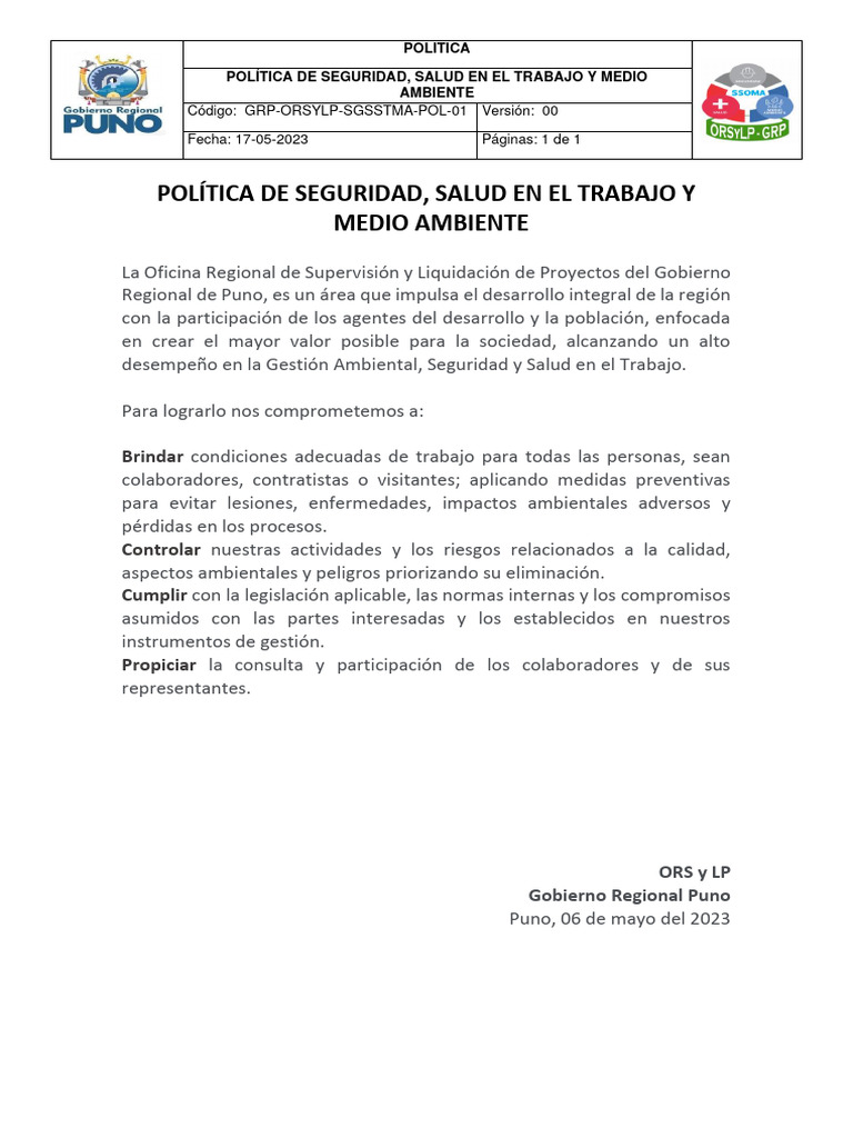 Grp-Orsylp-Sgsstma-Pol-01. Politica de Seguridad, Salud en El Trabajo y ... Grp-Orsylp-Sgsstma-Pol-01. Politica de Seguridad, Salud en El Trabajo y ...