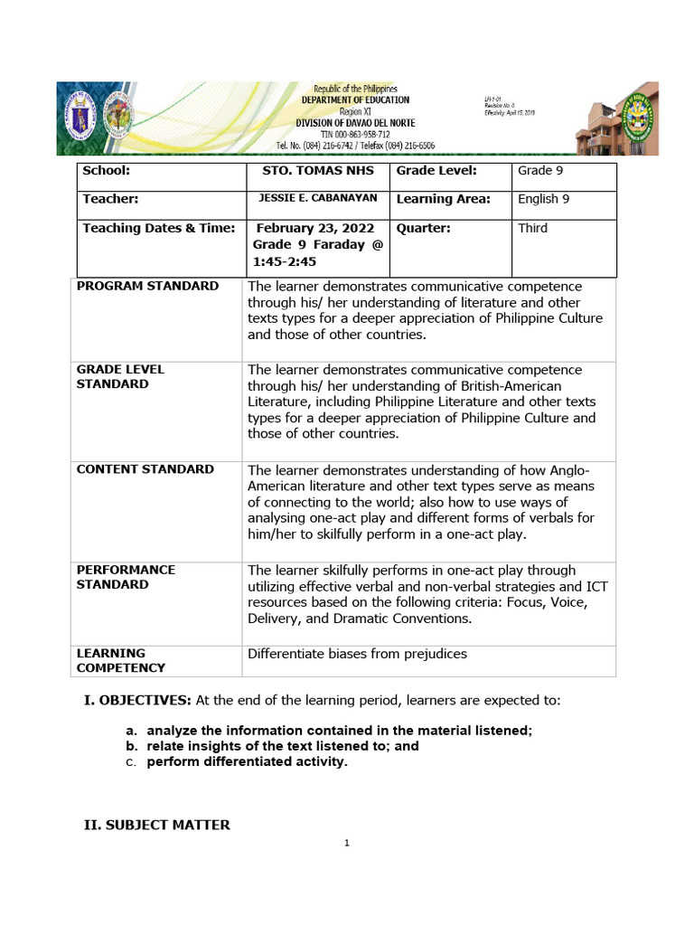 ENGLISH 9 COT LESSON PLAN (Quarter 3) | PDF | Nelson Mandela | Learning