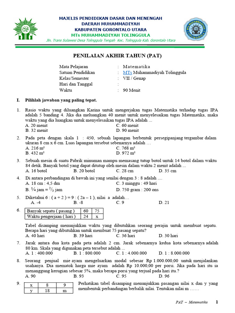 Soal PAT MTK Kelas 7 Ok | PDF | Metode & Bahan Ajar