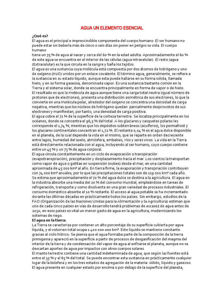 Agua Un Elemento Esencial | PDF | Ciencia y matemáticas