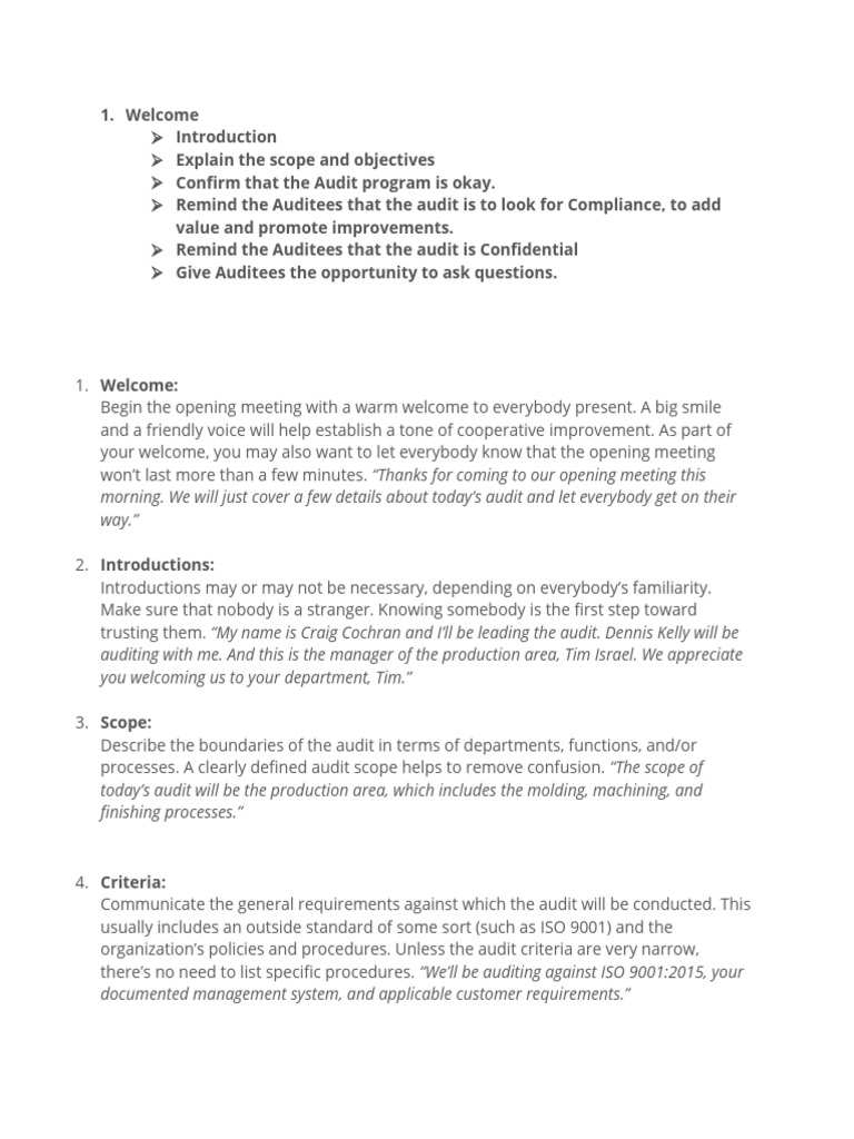 Audit Opening Meeting Agenda Guide | PDF | Business