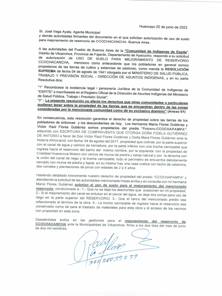 Carta Autoriza uso de suelo para refac, del Reservocio de Ccochacancha ... Carta Autoriza uso de suelo para refac, del Reservocio de Ccochacancha ...