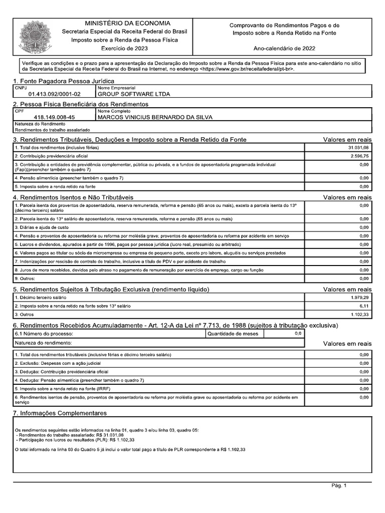 Informes de Rendimentos Marcos Vinicius Da Silva | PDF