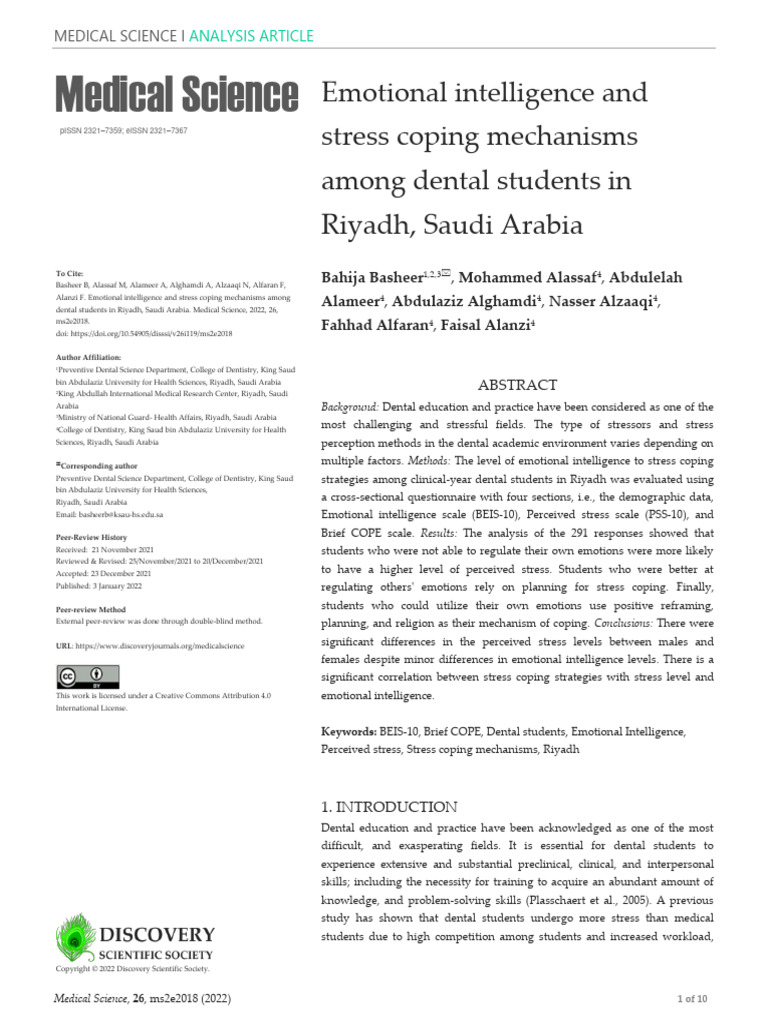 Medical Science: Emotional Intelligence and Stress Coping Mechanisms ...